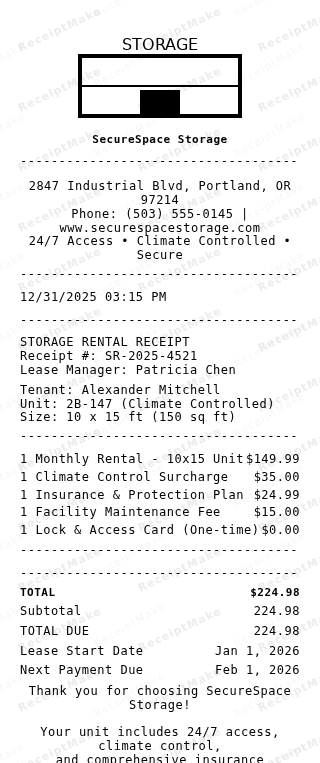 Generate Storage Facility Receipt - ReceiptMake template